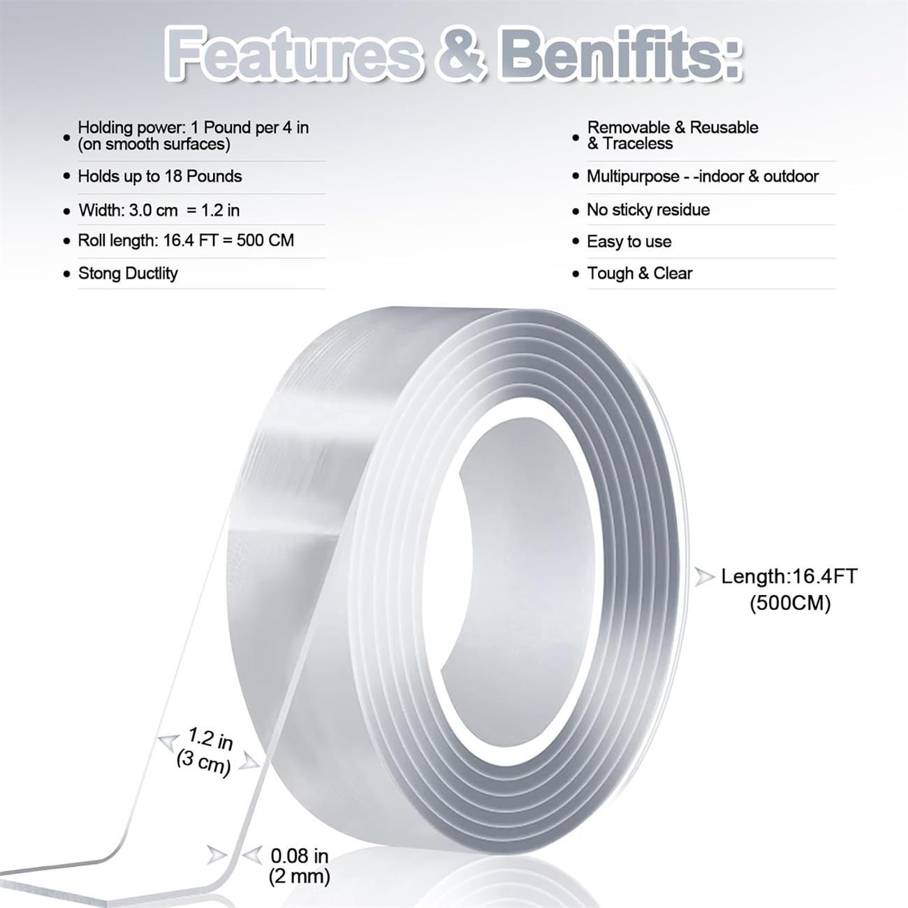 Nano Double Sided Tape Heavy Duty, Multipurpose Strong Mounting Tape, Reusable Removable ...