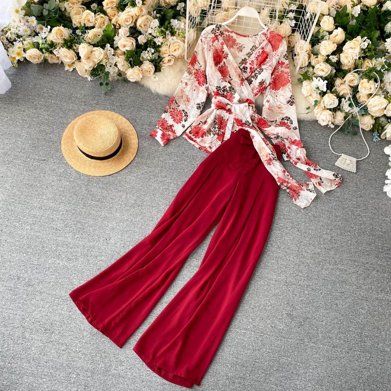 Ladies Suit Floral Print Wide Leg Pants Suit Cool Summer Womens