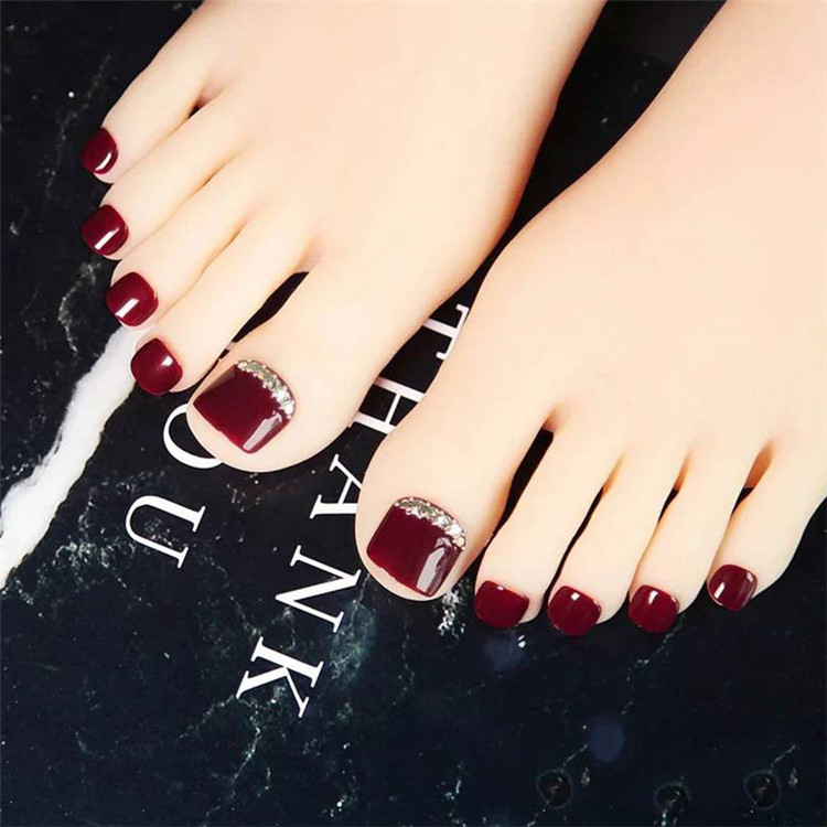 Shimmery red color fake toe nail set 24pcs press on full cover toenails ...